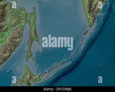 Sakhalin, region of Russia. Colored elevation map with lakes and rivers ...
