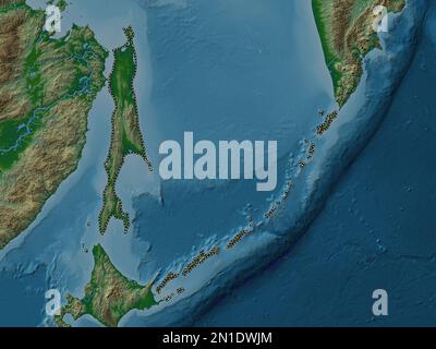 Sakhalin, region of Russia. Colored elevation map with lakes and rivers ...