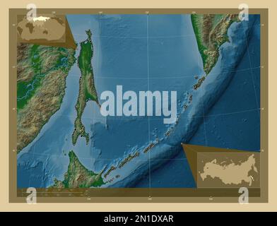 Sakhalin, region of Russia. Colored elevation map with lakes and rivers ...