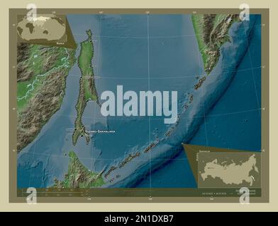 Sakhalin, region of Russia. Colored elevation map with lakes and rivers ...