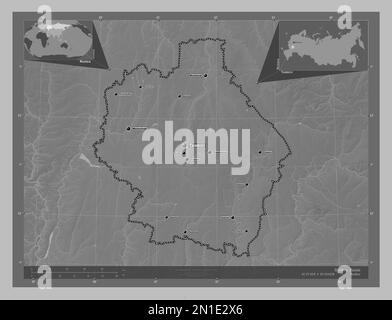 Tambov, region of Russia. Grayscale elevation map with lakes and rivers ...