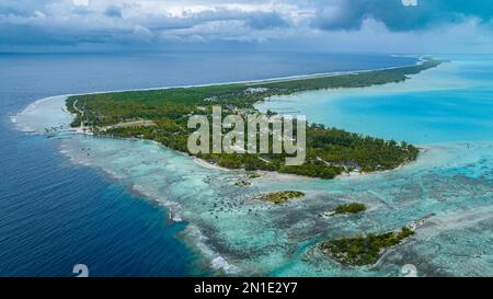 Aerial of the Anaa atoll, Tuamotu archipelago, French Polynesia, South ...