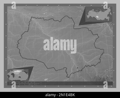 Tomsk, region of Russia. Grayscale elevation map with lakes and rivers ...