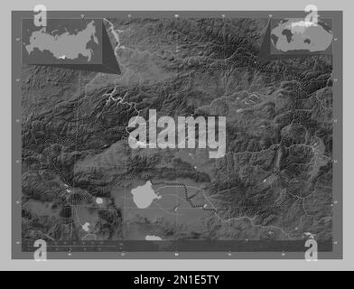 Tuva, republic of Russia. Grayscale elevation map with lakes and rivers ...