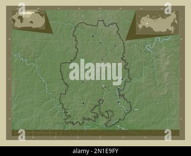 Udmurt, republic of Russia. Colored elevation map with lakes and rivers ...