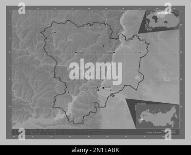 Volgograd, region of Russia. Grayscale elevation map with lakes and ...