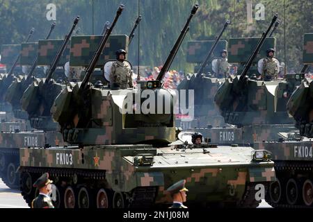 PGZ-07 twin 35mm self-propelled anti-aircraft gun vehicles march past ...