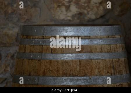 Antique oak wine barrel chime, rivet, head and quarter hoop view Stock ...