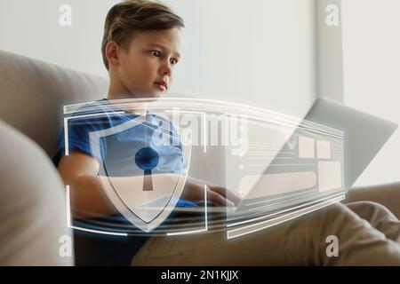Emotional tween children using computer in quest room shelter Stock ...