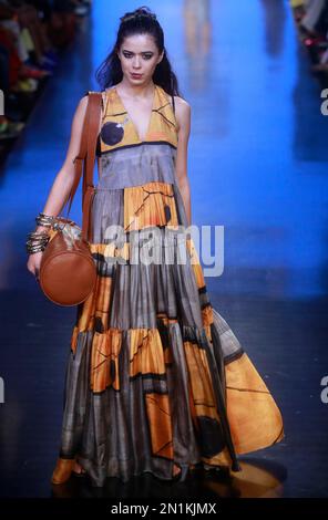 A model displays creations by Indian designer Sanchita Ajjampur at the ...