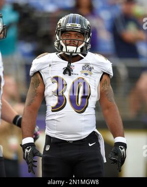 Baltimore Ravens running back Terrence Magee, left, takes a hand off ...