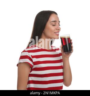 Beautiful woman with cold kvass on white background. Traditional ...