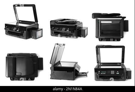 Modern multifunction printer on white background, views from different ...