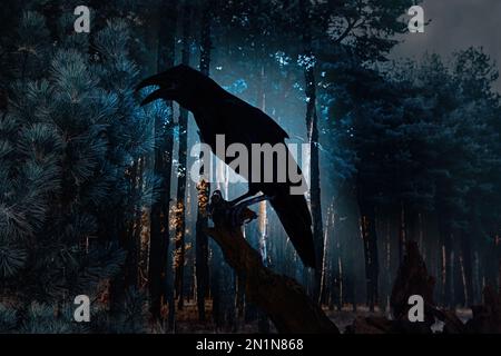 Black crow croaking in creepy misty forest, banner design. Fantasy ...