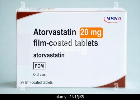 Atorvastatin cholesterol lowering drug (statin class) molecule. Blue ...