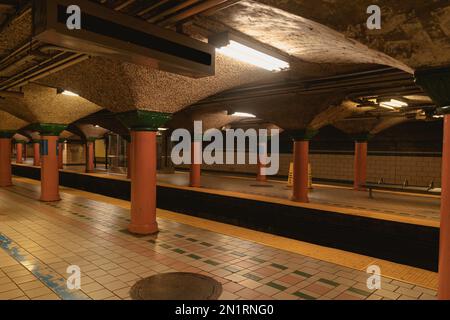 subway station with columns and tiled floor in New York City, banner ...