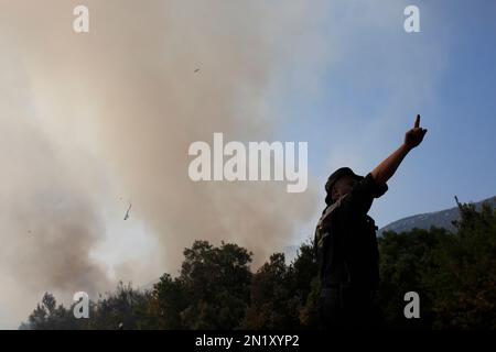 Croatian fire workers controls fire during forest fire on the Peljesec ...