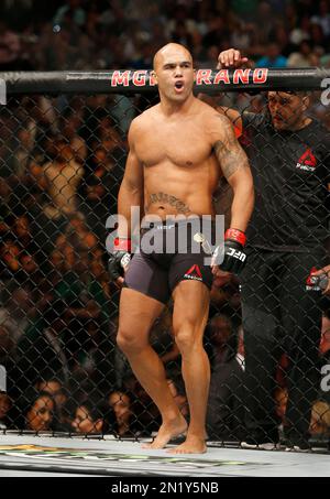 Robbie Lawler motions before fighting Rory MacDonald in their ...