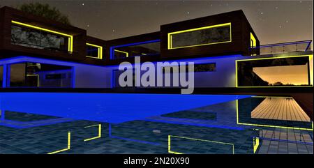 Evening in the yard of the high tech country house with pool ...