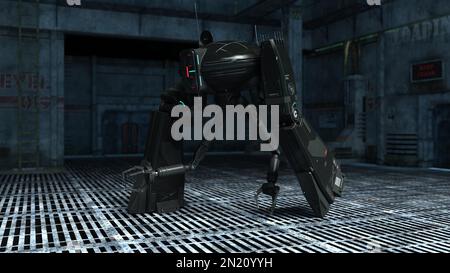 3D-illustration of a biped droid or robot in a science fiction starship ...