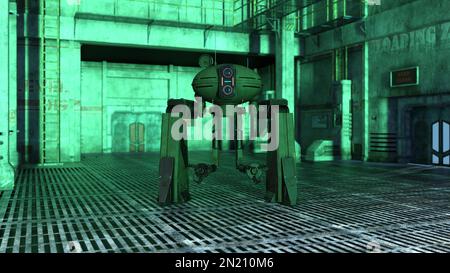 3D-illustration of a biped droid or robot in a science fiction starship ...