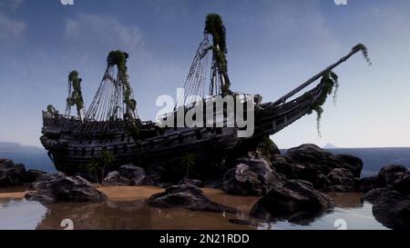 3D rendering of a wreck of a pirate ship on a coast Stock Photo - Alamy
