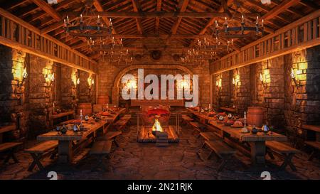 Medieval Viking dining hall interior with a boar roasting over an open ...