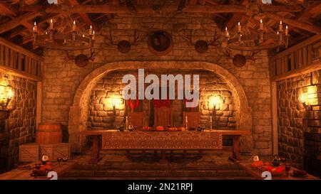 Medieval Viking dining hall interior with a boar roasting over an open ...