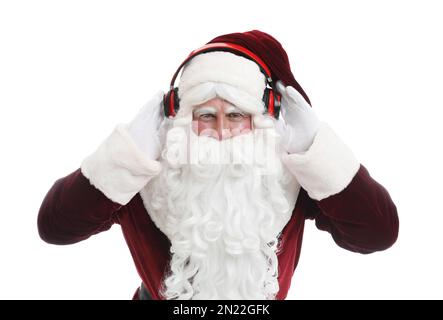 Cool Santa Claus listening to music on white background Stock Photo - Alamy