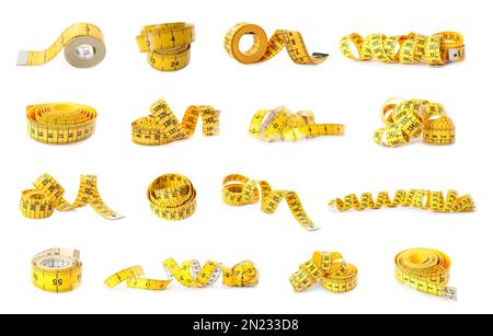 Set of yellow measuring tapes on white background. Banner design Stock ...