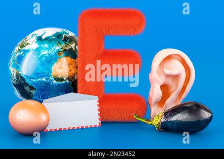 Fluffy letter E with egg, Earth Globe, envelope, eggplant, ear. Kids ...