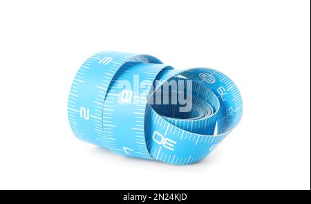 Light blue measuring tape isolated on white Stock Photo - Alamy