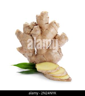 Whole and cut fresh ginger with leaves isolated on white Stock Photo ...