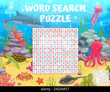Crossword quiz game, sea animals, submarine and underwater landscape ...