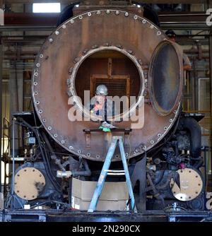 The inside of a steam locomotive boiler during renovation at the ...