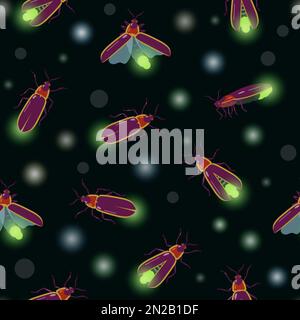 Seamless pattern with firefly insects flying with different angles. Vector texture for design ...
