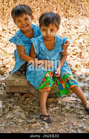 Children with Tanaka painting, Myanmar, Myanmar Stock Photo - Alamy