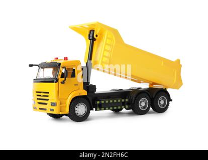 Yellow toy tipper truck isolated on white Stock Photo - Alamy