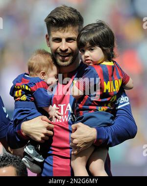 Gerard Pique (FC Barcelona) hold his son Milan prior La Liga soccer ...
