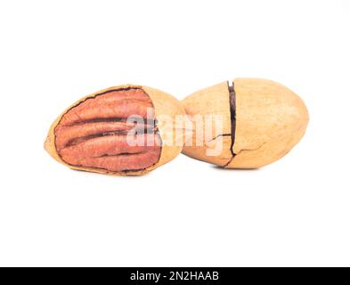Two dry pecans in cracked shells on a white background Stock Photo - Alamy