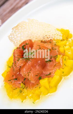 Recipe for salmon gravlax with mango brumoise and white balsamic ...