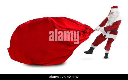 Santa Claus pulling enormous red bag full of Christmas gifts on white ...
