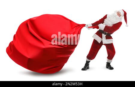 Santa Claus pulling enormous red bag full of Christmas gifts on white ...