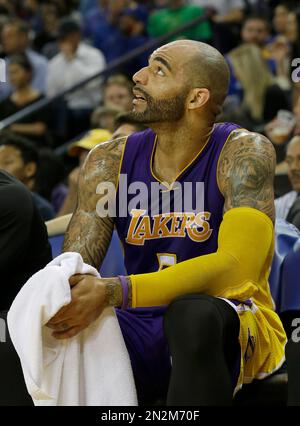 Los Angeles Lakers forward Carlos Boozer warms up before an NBA ...