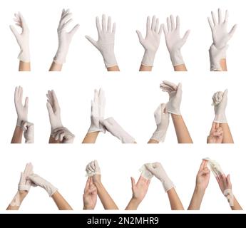 Right way to take off medical gloves. Collage with photos of woman ...