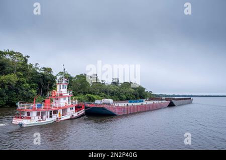 Tug pushing loaded river barges in the Amazon rainforest between Novo ...
