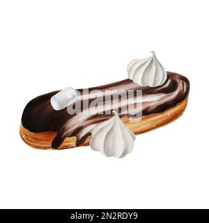 Watercolor composition with eclair in chocolate and marshmallows. Hand ...