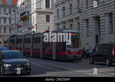 View of trams at the Vienna Ring Road (Ringstrasse), a circular grand ...
