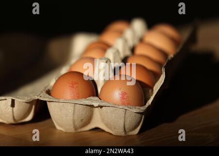 An eggbox of British free-range eggs, with the British Lion stamp on ...