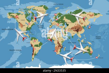 Airplanes on world map. Airline flight routes and airport travel and ...